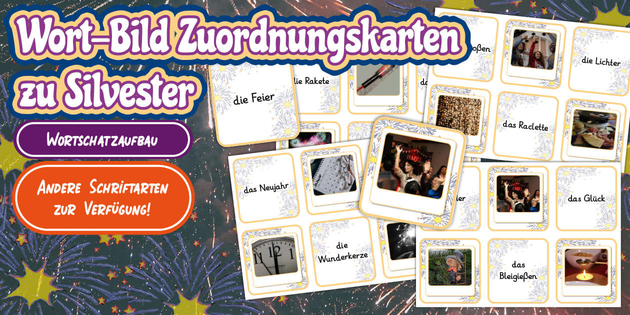 Silvester/Neujahr: Wort-Bild Zuordnungskarten