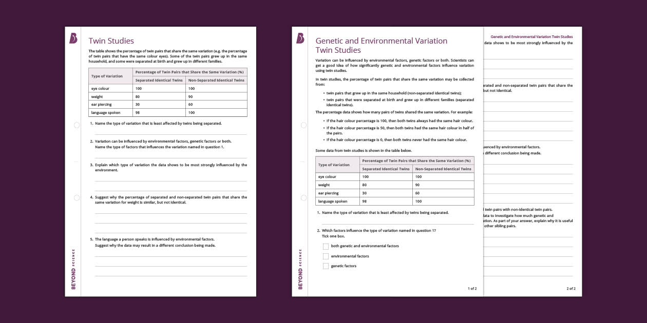 Genetic and Environmental Variation Twin Studies Worksheet