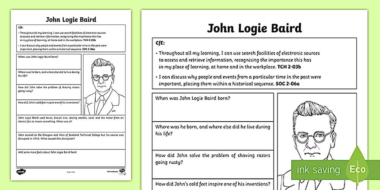 Editable John Logie Baird Research Worksheet (teacher made)