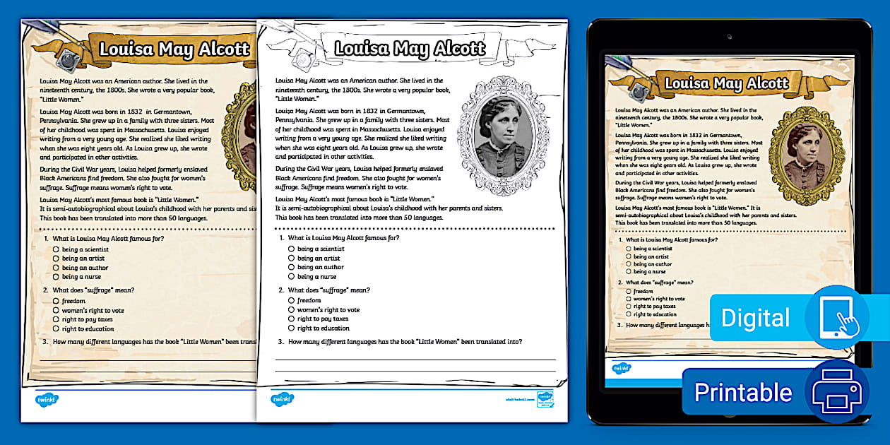 Third Grade Louisa May Alcott Reading Passage Comprehension