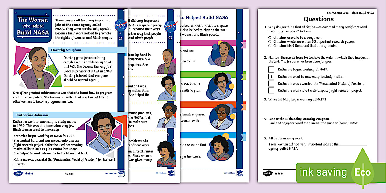 KS1 The Women Who Have Helped Build NASA Reading Activity