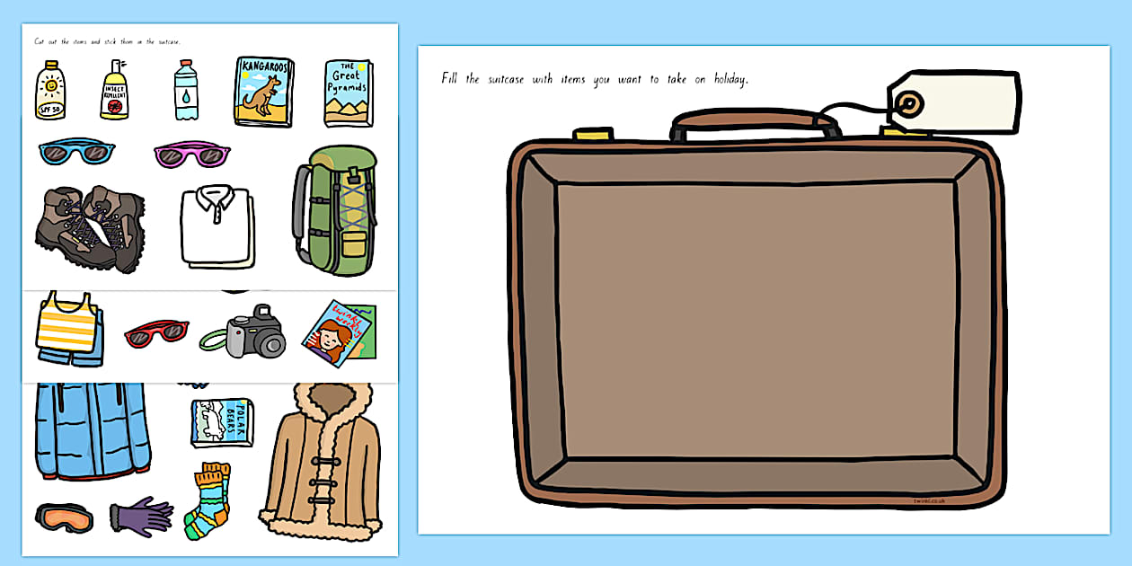 Black and White Pack a Suitcase Cut and Stick Activity