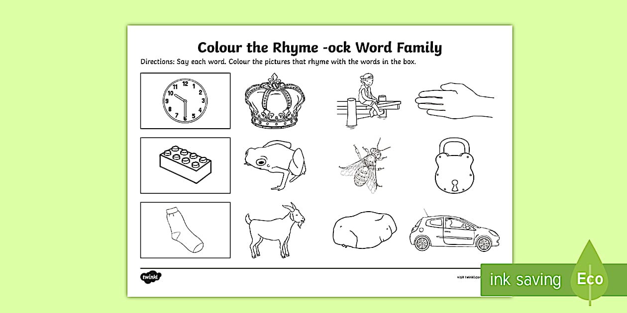 Colour the Rhyme -ock Word Family Worksheet - Twinkl