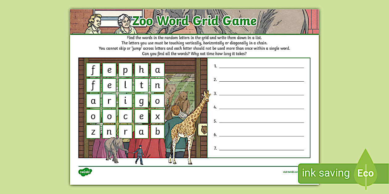 Zoo Word Grid Game (Teacher-Made) - Twinkl