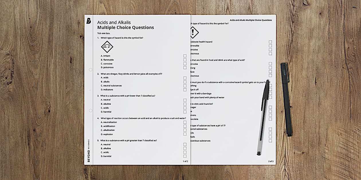 Acids and Alkalis Multiple Choice Questions Sheet | Beyond
