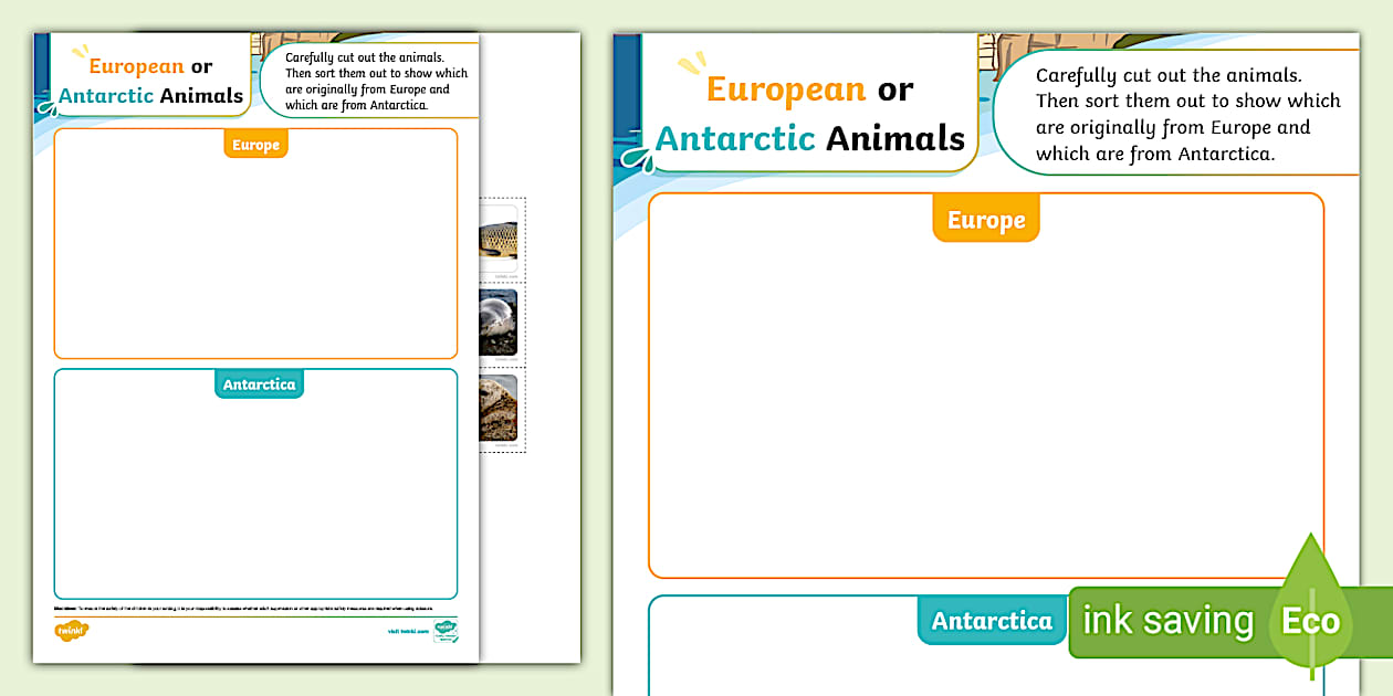 Animals in Europe or Antarctica Sorting Worksheet - Twinkl