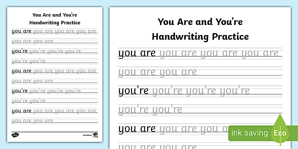 Cursive You Are and You're Handwriting Practice Sheet