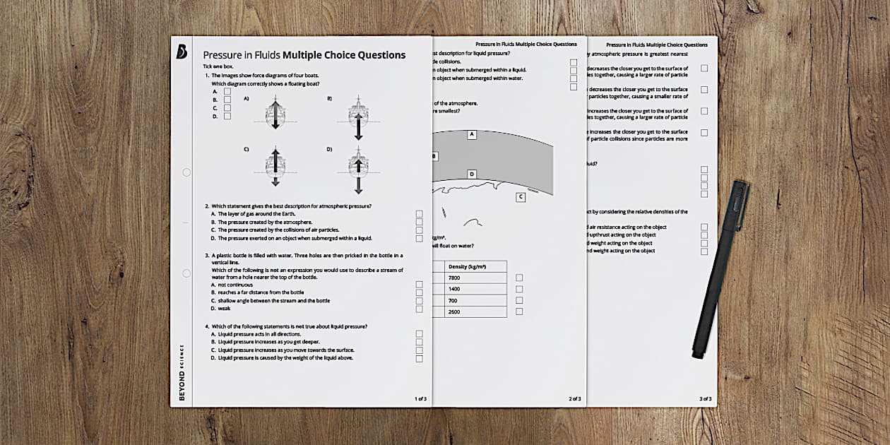 KS3 Fluid Pressure Multiple Choice Questions (Teacher-Made)