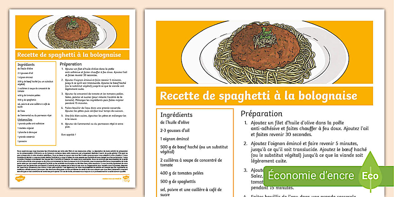 Recette de spaghetti à la bolognaise (Teacher-Made)