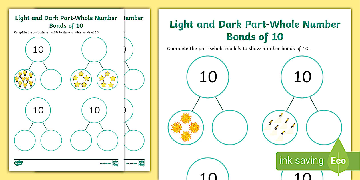 👉 Light and Dark Part-Whole Number Bonds of 10 Activity