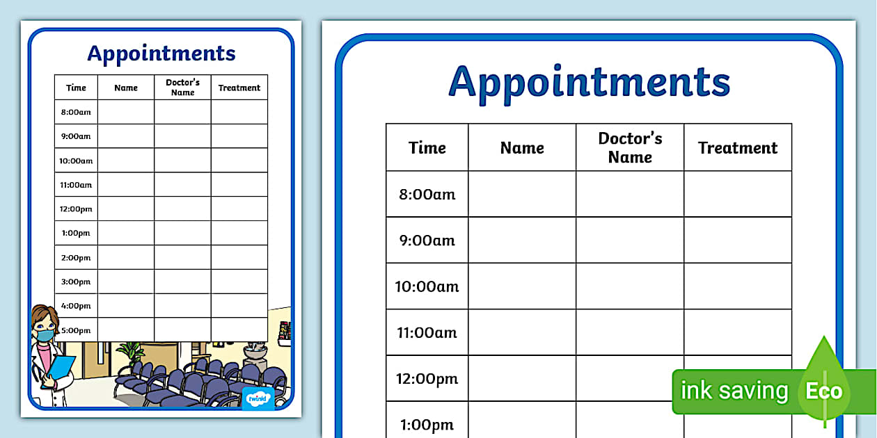 Doctor's Surgery Appointment Sheet Template - Role Play