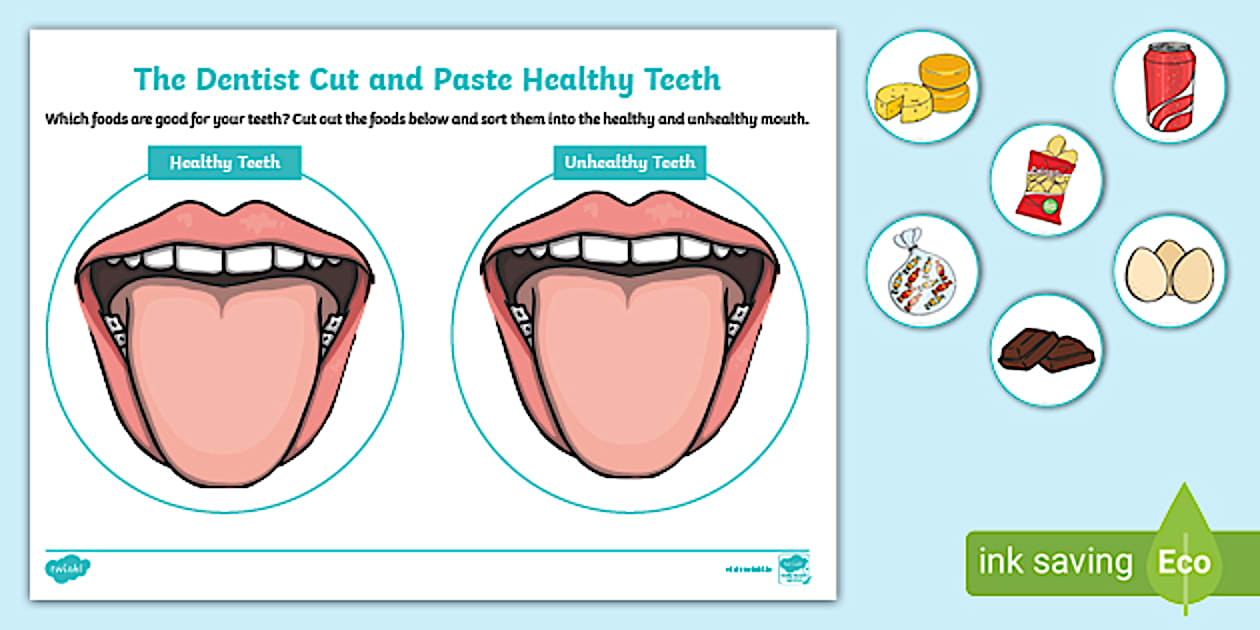 The Dentist Cut and Paste Healthy Teeth Worksheets - Twinkl