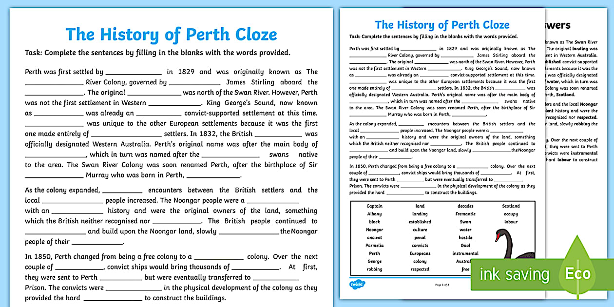 History of Perth Cloze Worksheet (teacher made) - Twinkl