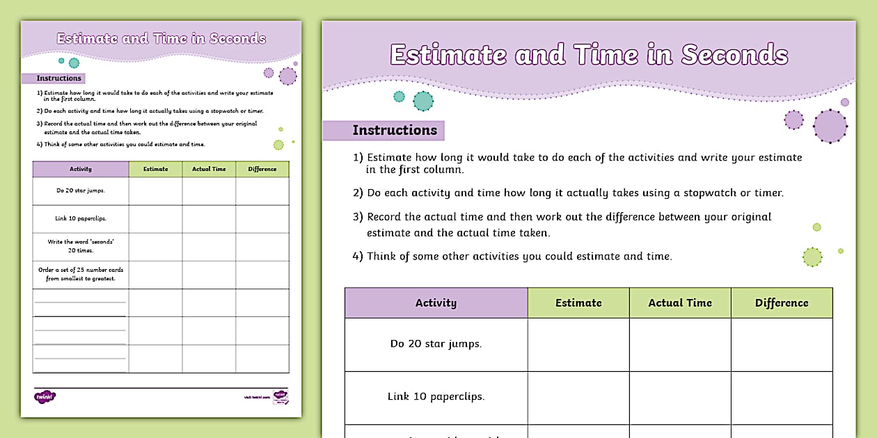 Editable Estimate and Time in Seconds Worksheet - Twinkl