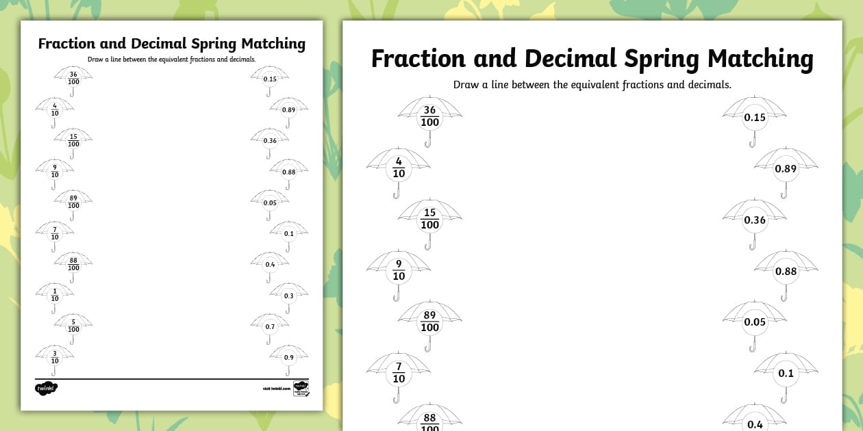 Fourth Grade Fraction and Decimal Spring Matching Activity