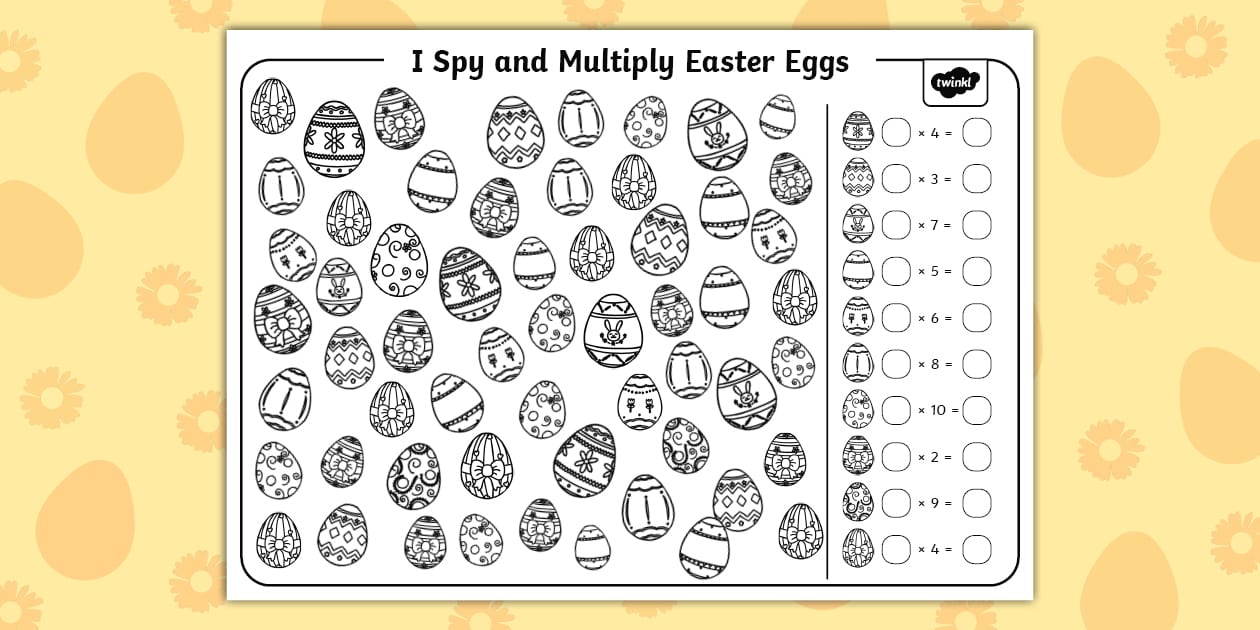 I Spy and Multiply Easter Eggs Colouring Page - Twinkl
