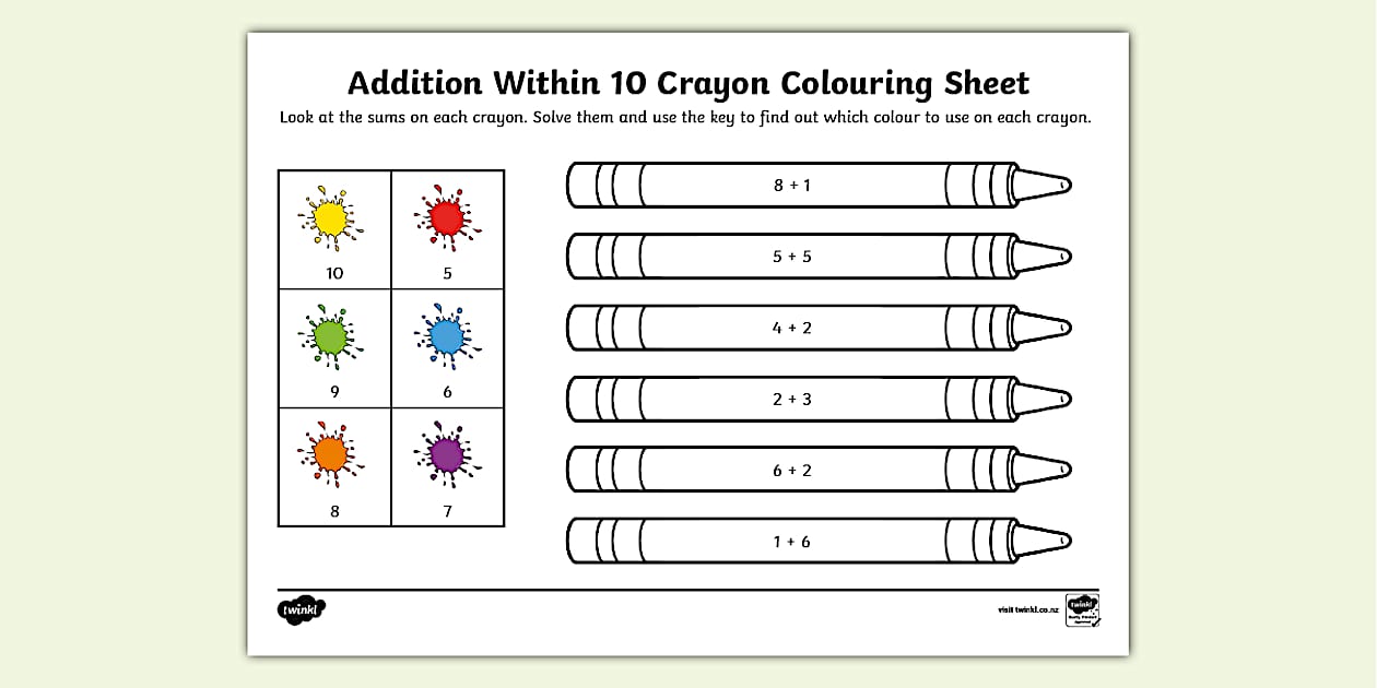 Addition within 10 Crayon Colouring Sheet (teacher made)
