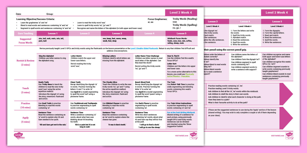 'ai, ee' Lesson Plans - Level 3 Week 4 Twinkl Phonics