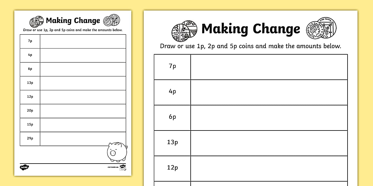 Making Change: 1p, 2p and 5p Worksheet / Worksheet - Twinkl