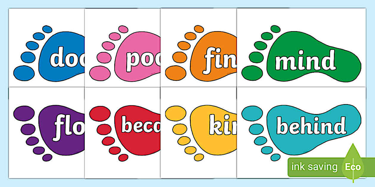 Cursive Year 2 Common Exception Words on Multicoloured Footprints