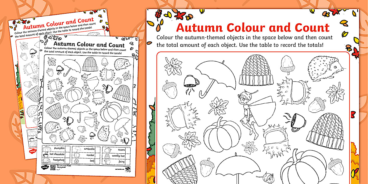 👉 Autumn Colour and Count Worksheet - Twinkl