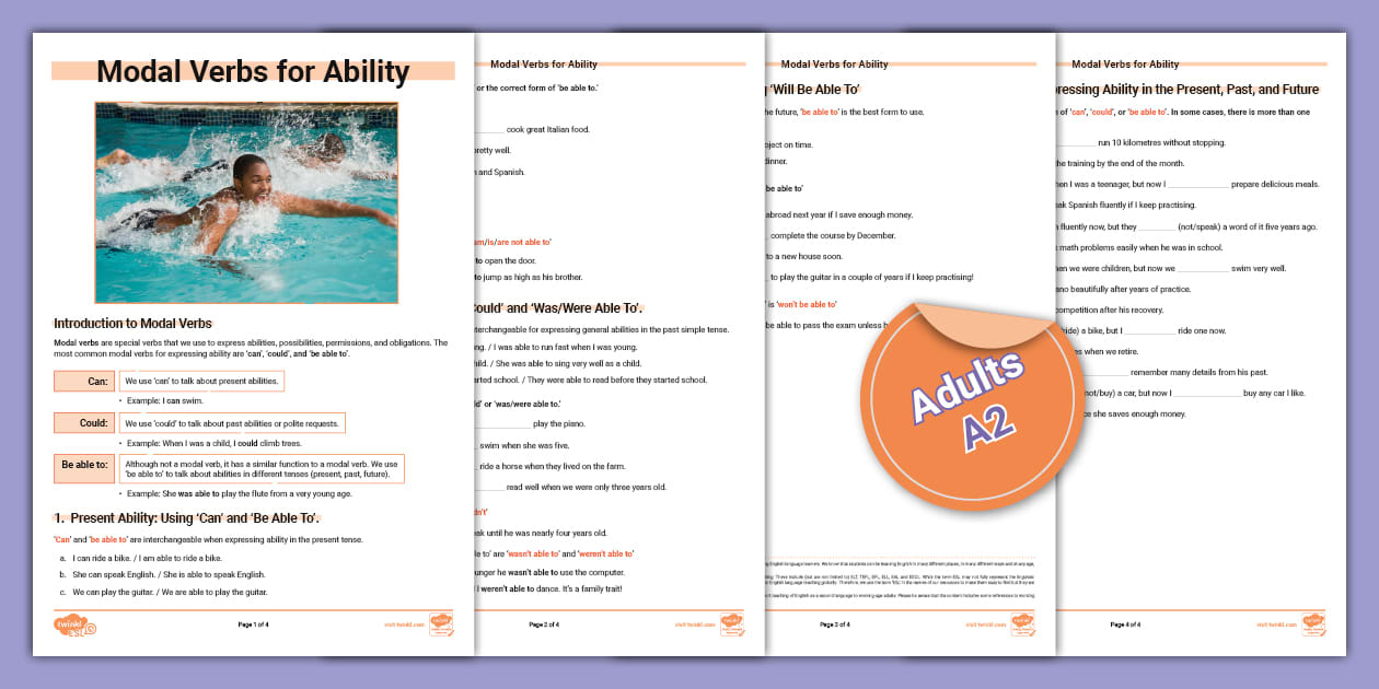 Modal Verbs for Ability Worksheet [Adults, A2] - Twinkl