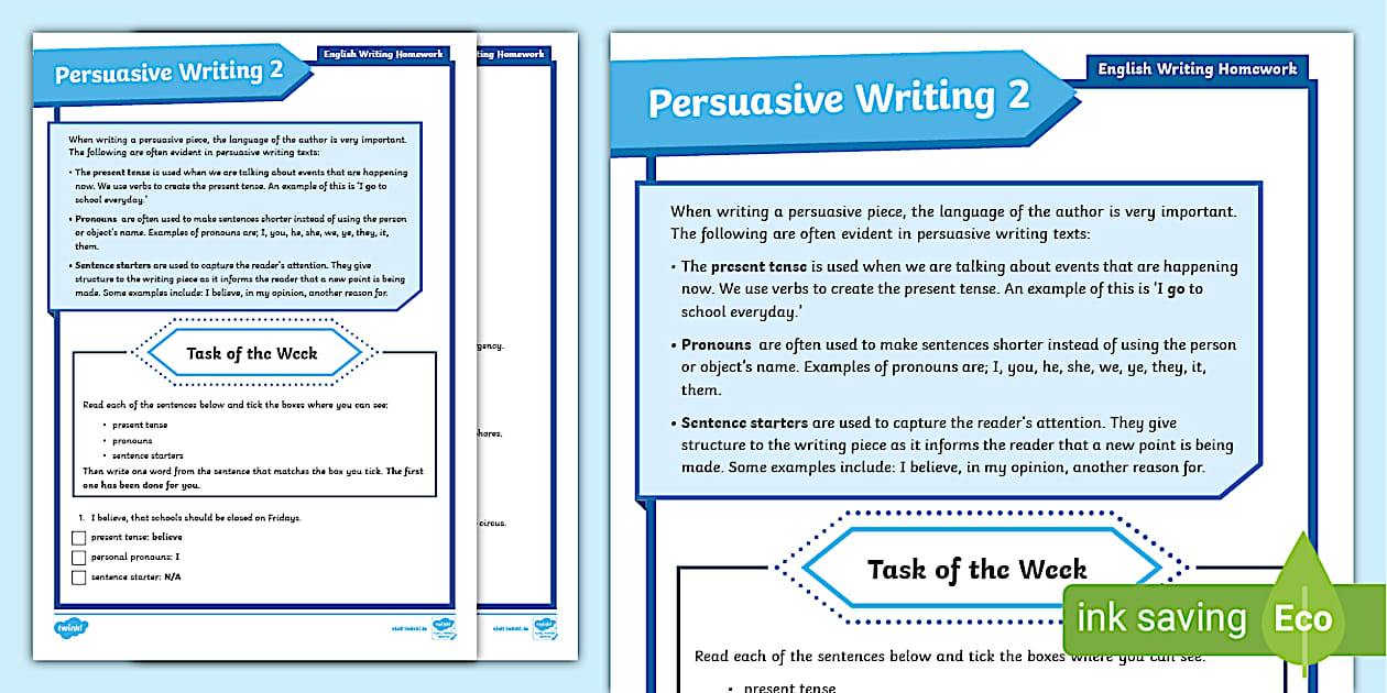 English Writing Homework Persuasive Writing 2 3rd/4th Class