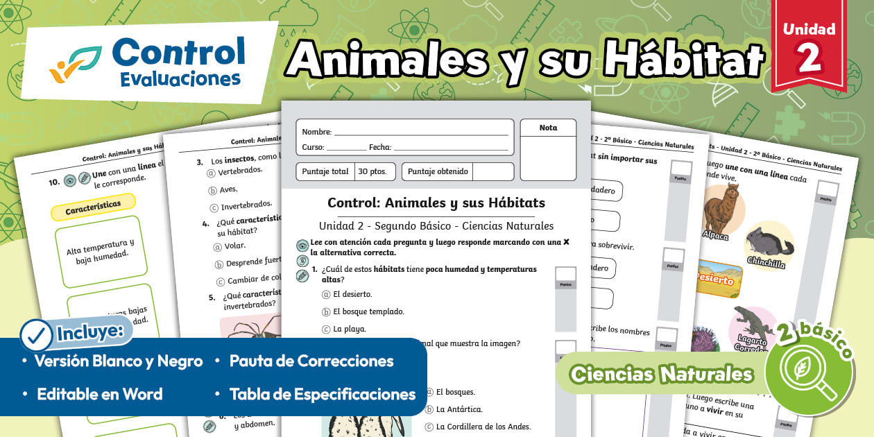 Evaluación | Control | Animales | Hábitats | 2º | unidad 2