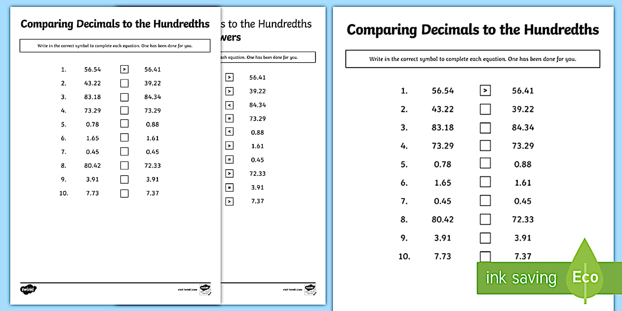 Comparing Decimals to the Hundredths Worksheet - Twinkl