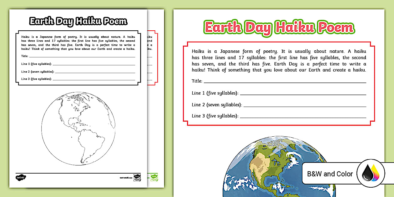 Earth Day Haiku Poem Writing Worksheet for 3rd-5th Grade