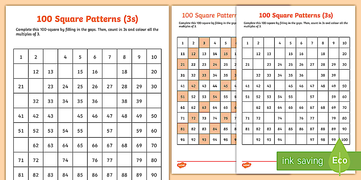 Algebra - 100 Square Patterns (3s) Worksheet - Twinkl
