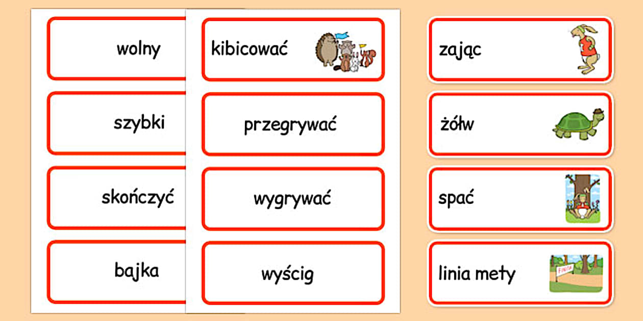 Karty ze słownictwem Zółw i zając po polsku - Twinkl