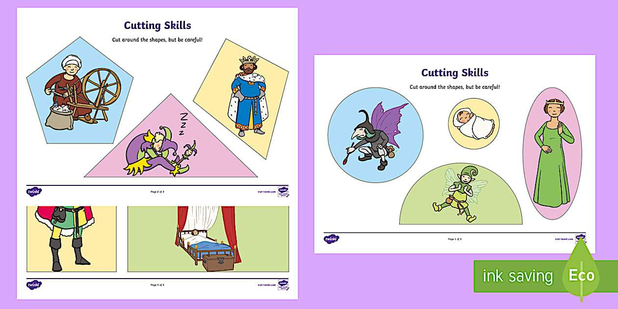 Black and White Sleeping Beauty Cutting Skills Worksheet