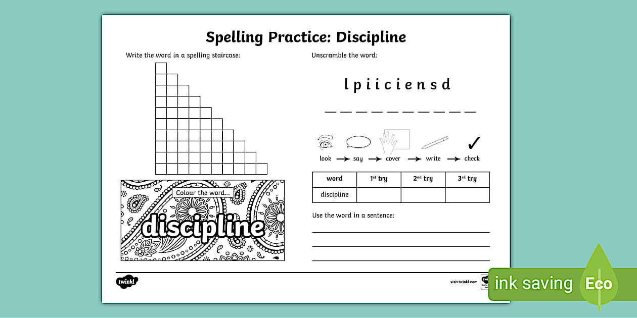 Discipline Spelling Practice Worksheet (teacher made)