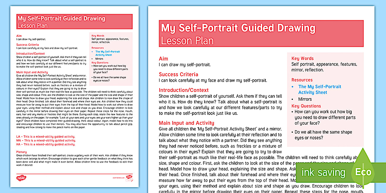 Guided Drawing Lesson Plan | My Self-Portrait | Time Saver!