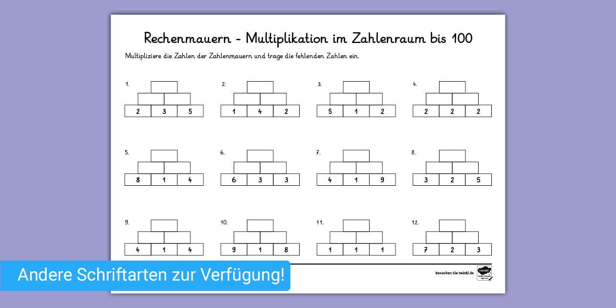 Zahlenmauern-Multiplikation - Arbeitsblätter (teacher made)