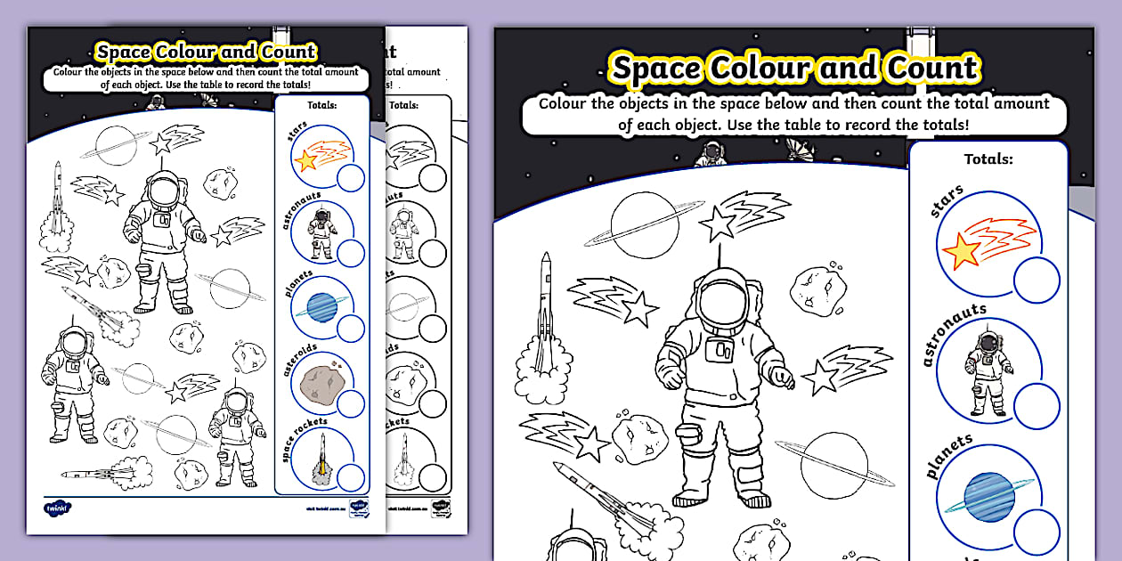 Space Colour and Count Worksheet (teacher made) - Twinkl