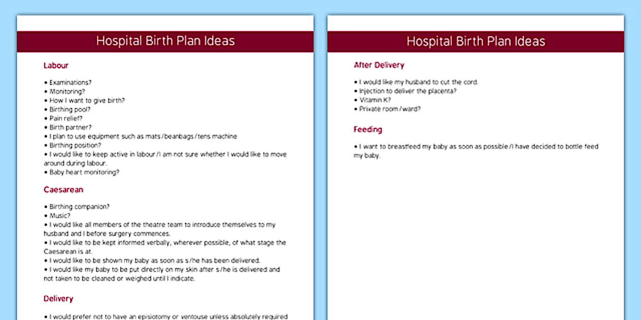 Editable Hospital Birth Plan Template - Twinkl