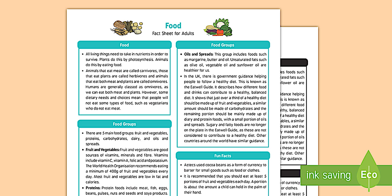 Food Fact Sheet for Adults (teacher made) - Twinkl