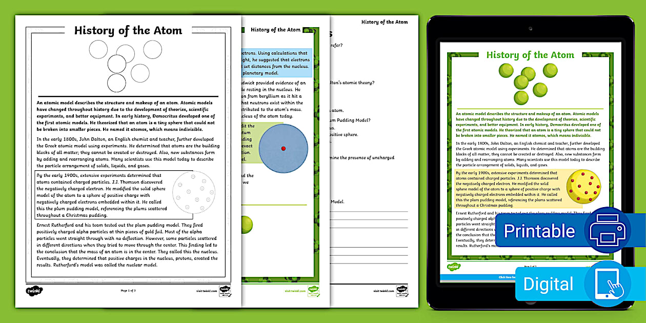 Sixth Grade History of the Atom Reading Comprehension