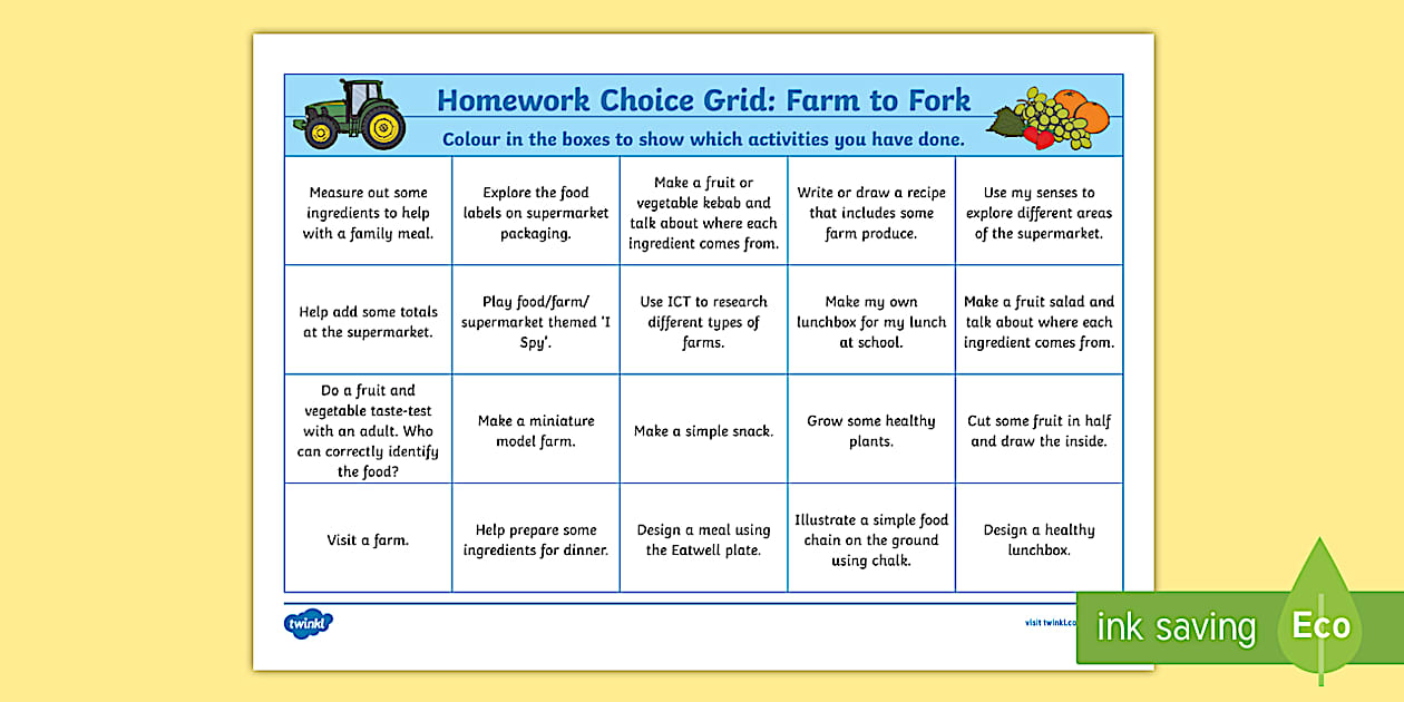 Editable Active Homework Grid - Farm to Fork Themed Home Learning ...