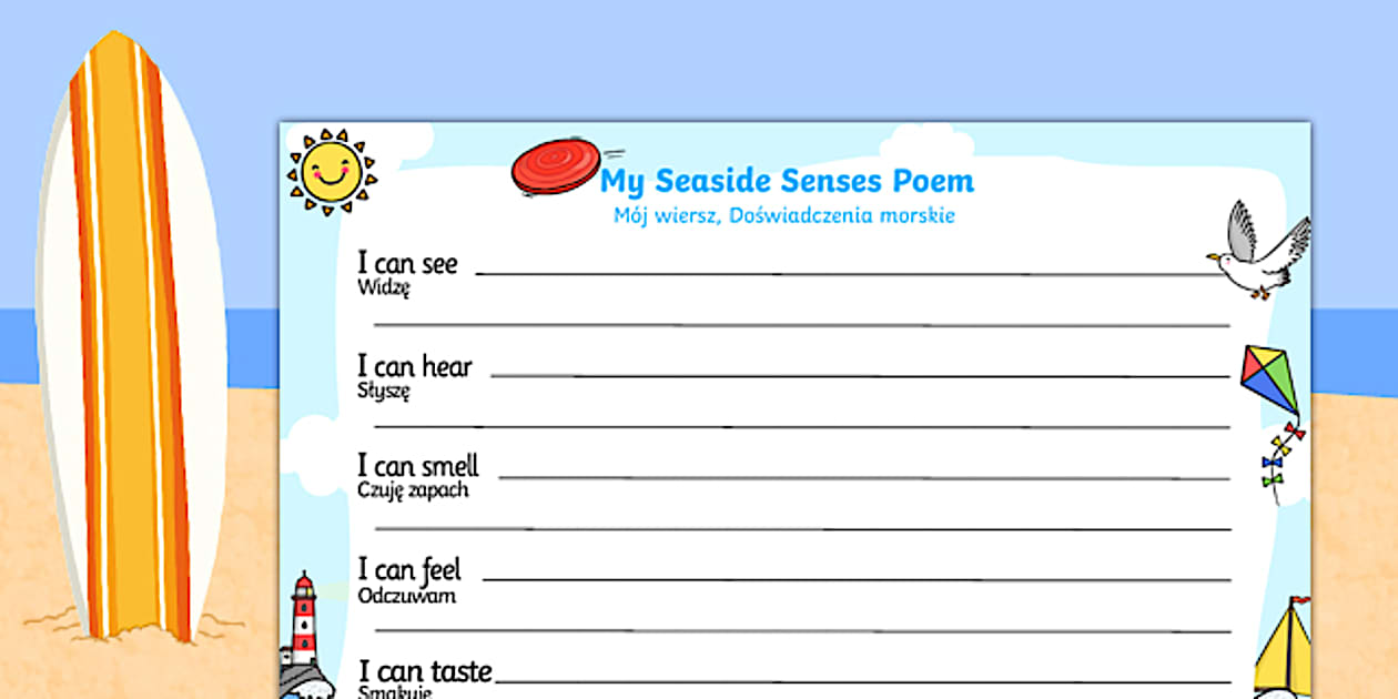 Black and White Seaside Senses Poetry Writing Frame Polish Translation