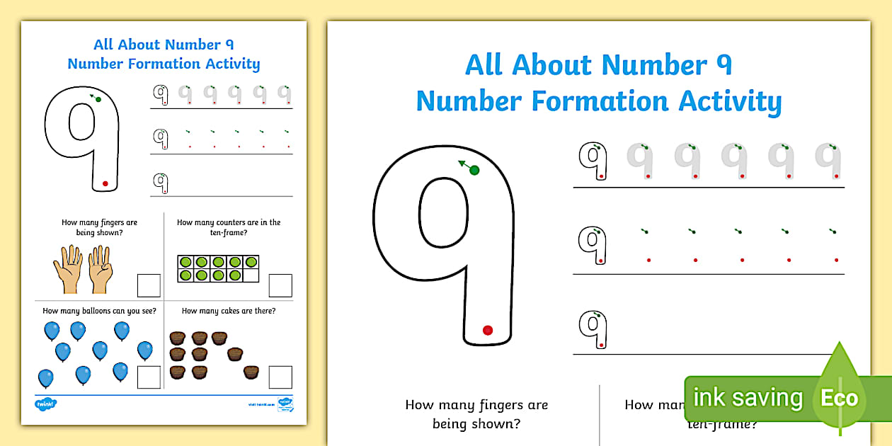 All About Number 9 Number Formation Worksheet - Twinkl