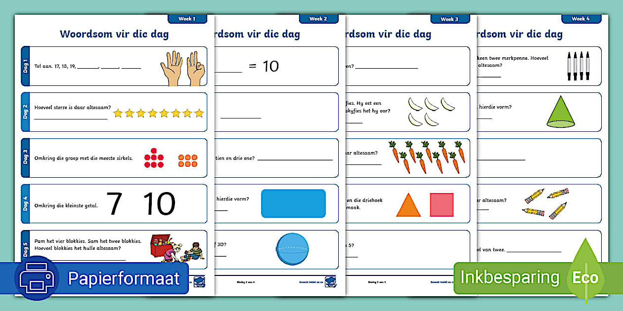 Graad 1 Wiskunde Woordsomme vir die Dag (teacher made)