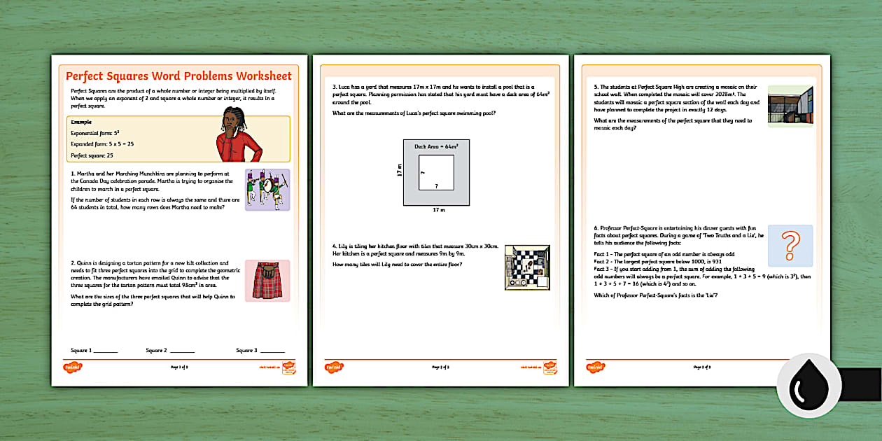 Perfect Squares Word Problems Worksheet (teacher made)