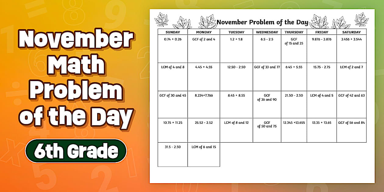 Sixth Grade 2025 Math Problem of the Day November Calendar