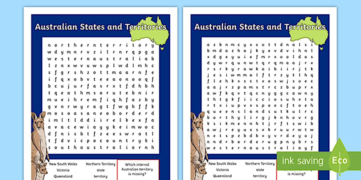 States and Territories Vocabulary - Australia Word Search