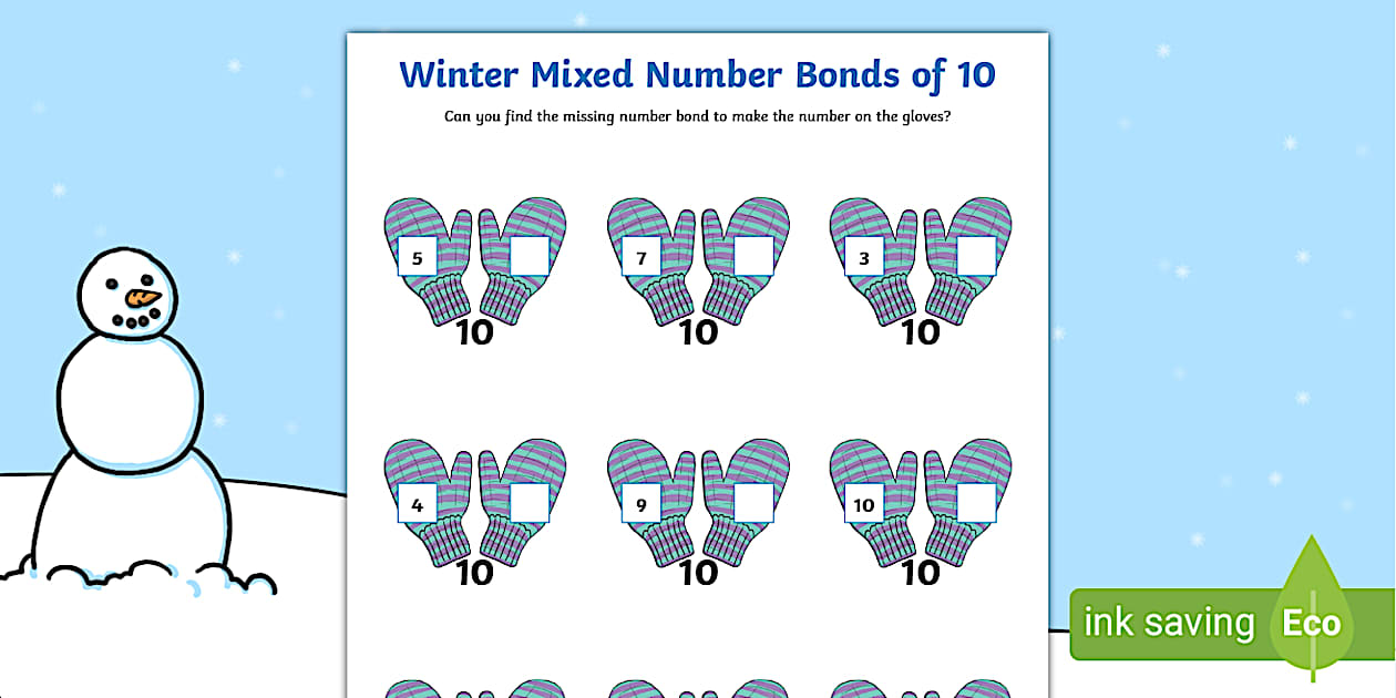 Black and White Winter Themed Mixed Number Bonds of 10 Worksheet