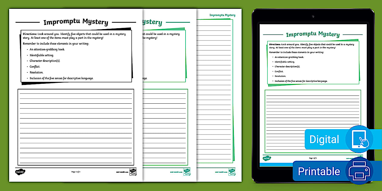 Impromptu Mystery Writing Activity Worksheet for 6th-8th Grade