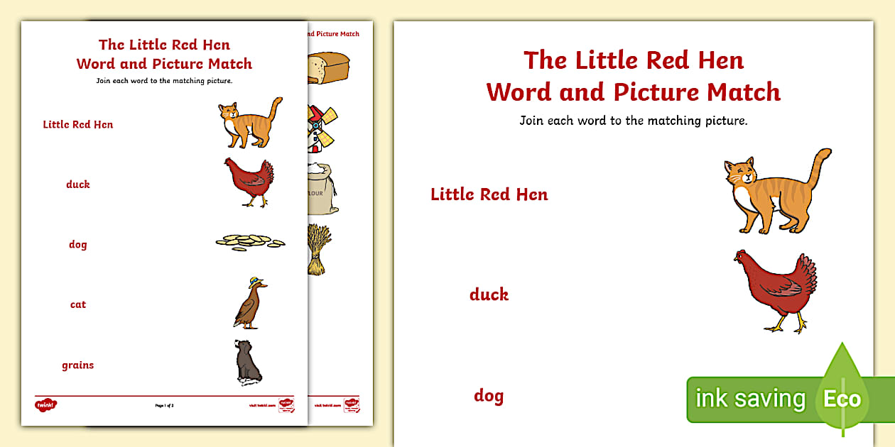 Cursive The Little Red Hen Word and Picture Match - Twinkl